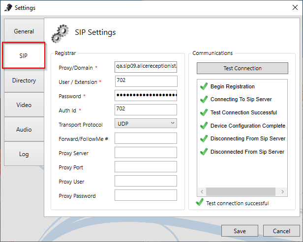 ALICE Client – SIP Tab